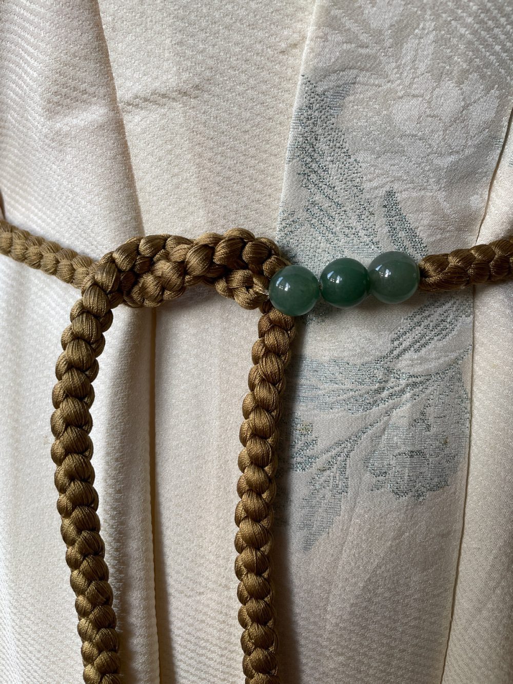 SOLD ~ Silk obijime cord in olive-gold with green beads - natsukashii ...